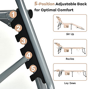 Moccha Folding Tanning Chair, Beach Lounger with Face Hole, 5-Position Adjustable Backrest, Side Pocket, Removable Pillow, Portable Bench Lounge Chairs for Outside Patio Pool Lawn (1, Beige)