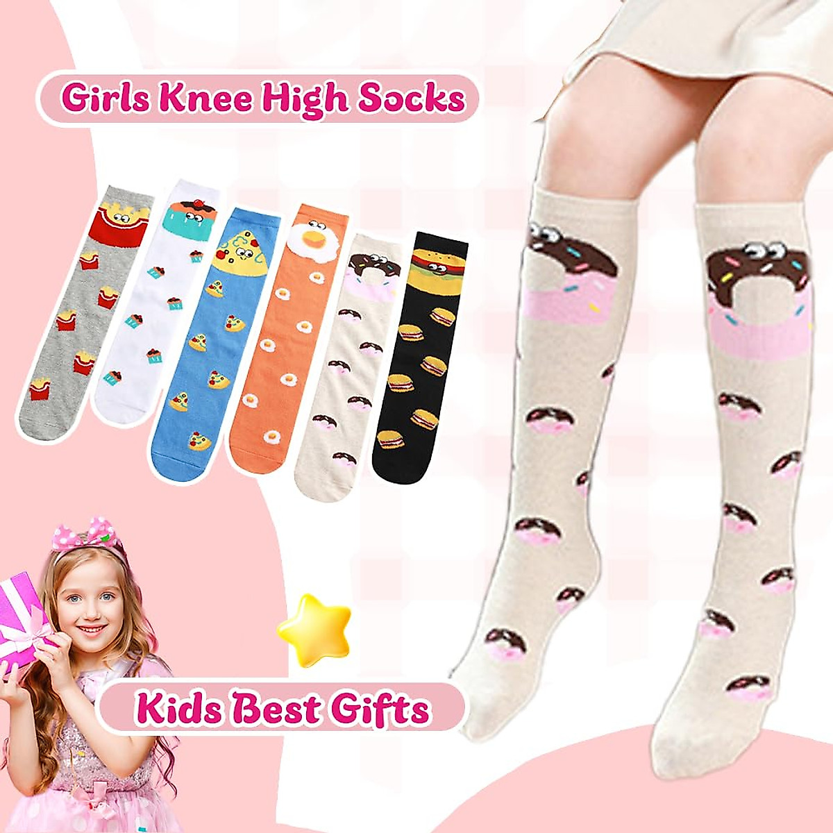 Gellwhu Girls Knee High Socks Gifts Cotton Mid Calf Long Boot Socks Stockings (E SET-6 Pairs)