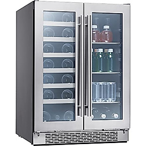 Zephyr 24" Wine Fridge & Beverage Refrigerator Dual Zone Under Counter - Mini Wine Cooler Cellars Small Beer Fridge Cabinet Drink Chiller Freestanding with French Glass Door for 21 Bottles & 64 Cans