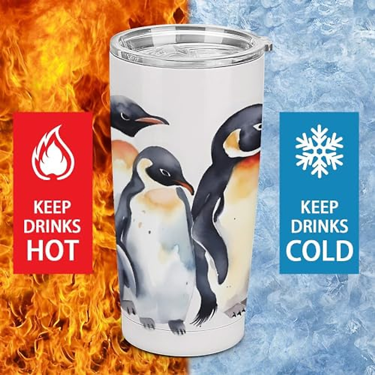20 Oz Tumbler With Straw Leak Proof Thermos Cup, Animal Penguins Watercolor Pattern Stainless Steel Insulated Travel Coffee Mug Fit for Car Cup Holder