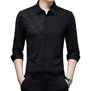 Men Plaid Printed Dress Shirt Turn-Down Collar Button Down Business Shirts Casual Slim Fit Long Sleeve Shirts (Black,56)