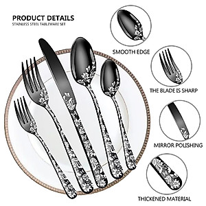 XIAOYU 5 Pieces Silverware Set, Black Flatware Set, Stainless Steel Mirror Polished Cutlery Set, Spoons Forks Knives Set with Unique Floral Laser, Black