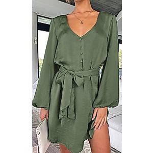 PRETTYGARDEN Women's Spring Long Puff Sleeve Satin Dress V Neck Cocktail Party Belted Short Formal Dresses (Army Green,Medium)
