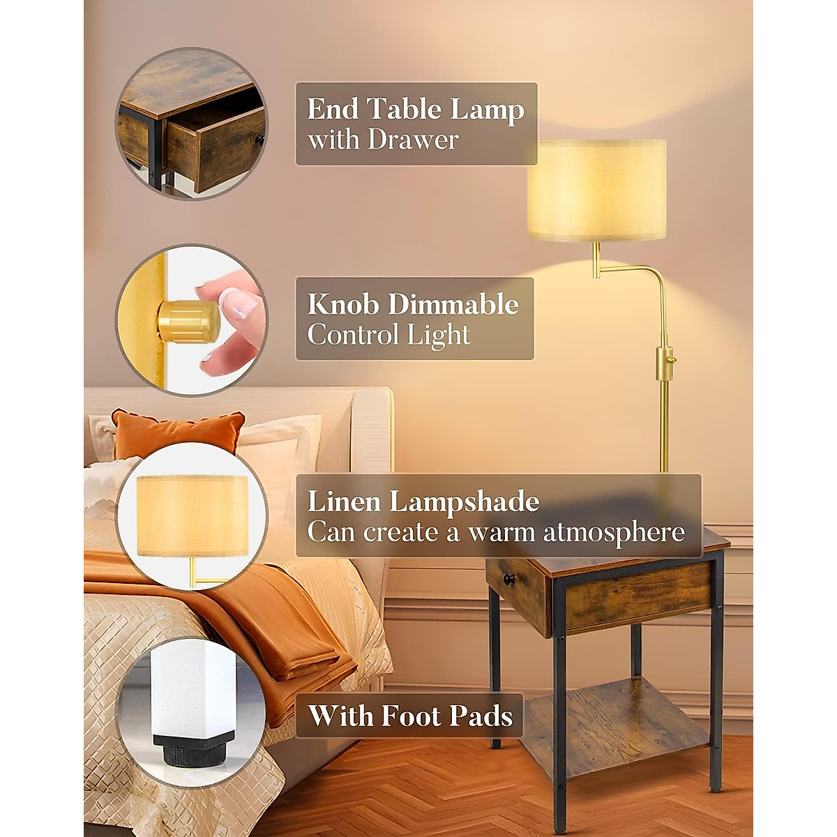 bulbeats 54IN Side End Table with Lamp Attached, Dimmable (Brightness Adjustable) Floor Lamp with Drawer and Shelf, 3000K E26 Bulb Included, 300° Rotatable Standing Lamp for Living Room Bedroom