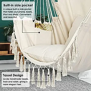 Y- STOP Hammock Chair Hanging Rope Swing, Max 500 Lbs, 2 Cushions Included, Large Macrame Hanging Chair with Pocket for Superior Comfort, with Hardware Kit, Beige