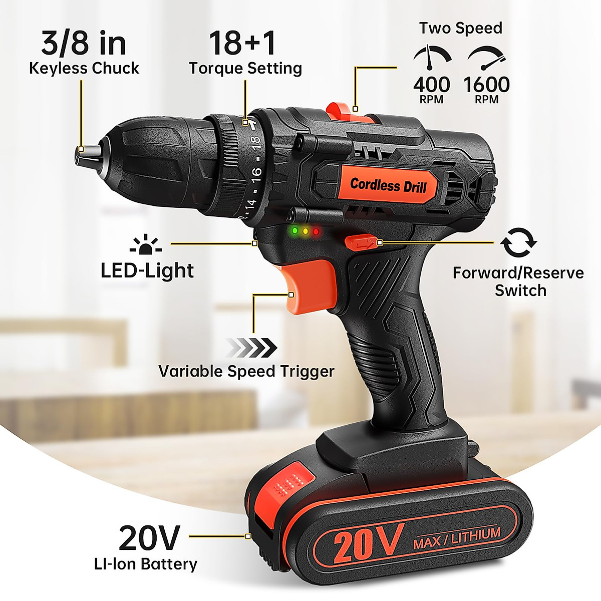 Cordless Drill 20V, Drill Set with 42pcs Accessories and Battery 2.0Ah, Electric Drill 25+1 Torque Setting, 2 Speed, 3/8" Keyless Chuck, LED Light, Electric Power Drill for Home DIY and Garden Repair