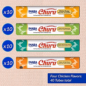 INABA Churu Cat Treats, Grain-Free, Lickable, Squeezable Creamy Purée Cat Treat/Topper with Vitamin E & Taurine, 0.5 Ounces Each Tube, 40 Tubes, Chicken Variety Box