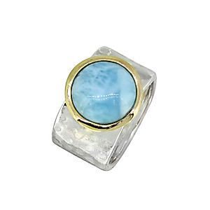 YoTreasure 13 MM Larimar Wide Band Hammered Ring .925 Sterling Silver Brass (10)