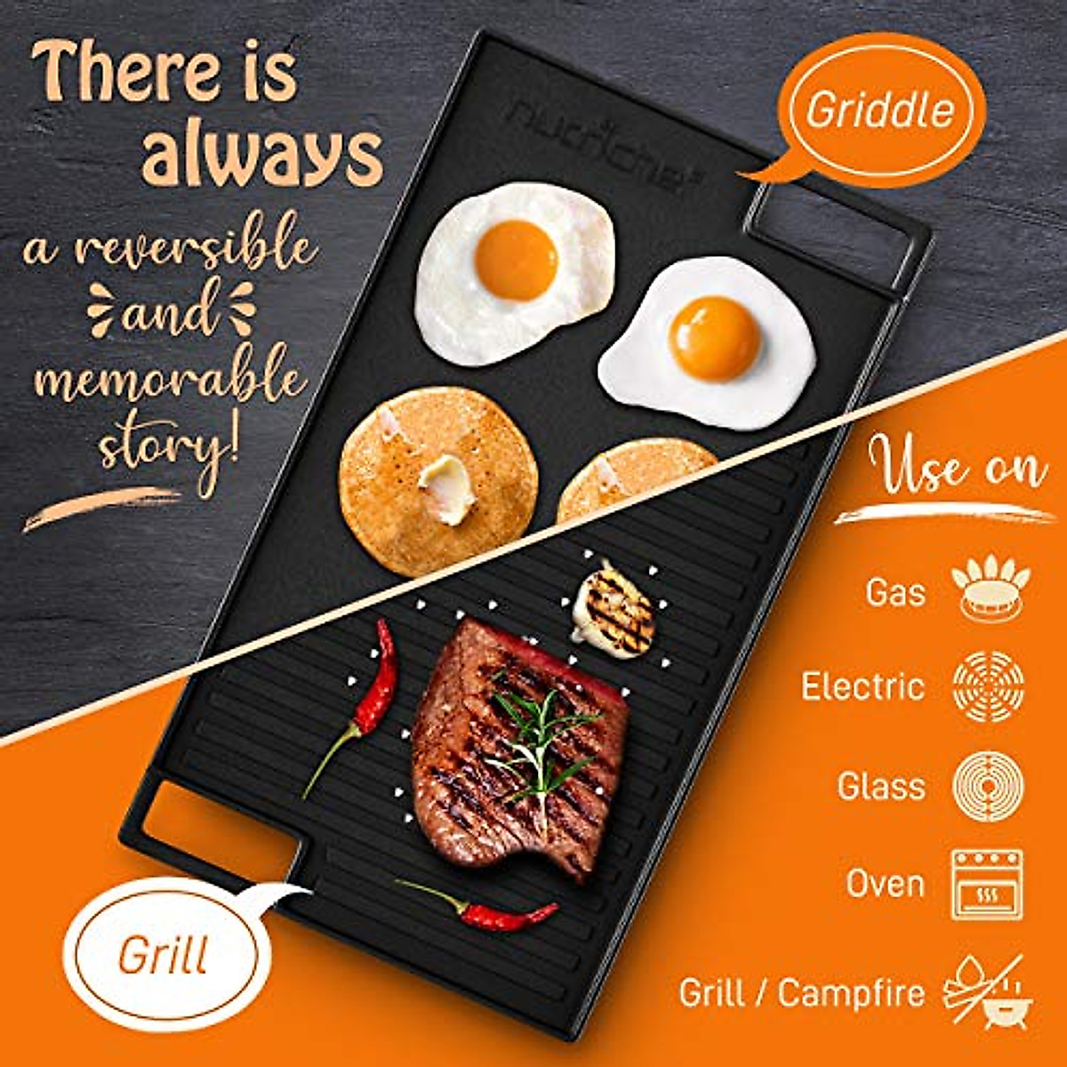 NutriChef Cast Iron Reversible Grill Plate - 18 Inch Flat Cast Iron Skillet Griddle Pan For Stove Top, Gas Range Grilling Pan w/ Silicone Oven Mitt For Electric Stovetop, Ceramic, Induction.