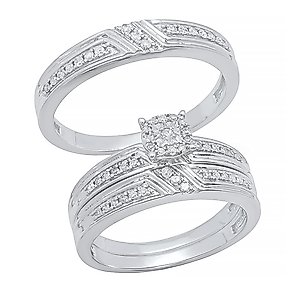 Dazzlingrock Collection 0.35 Carat (ctw) Round White Diamond Illusion Framed Wedding Trio Ring Set in 925 Sterling Silver, Women size 8.5 & Men size 8.5