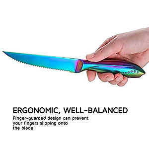 WELLSTAR Rainbow Serrated Steak Knife Set of 6, Razor Sharp German Steel Blade 4.75 inch and Comfortable Stainless Steel Hollow Handle with Titanium Coated Dinner Table Knives Set for Home Restaurant