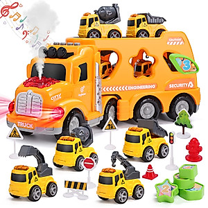 HOLY Fun 5 in 1 Construction Truck Toy Set, Transport Carrier Truck with Spray Sound& Light, 4 Small Engineering Mixer Excavator Crane Dump Car, Friction Power Truck Set, Early Learning Gift for Kids