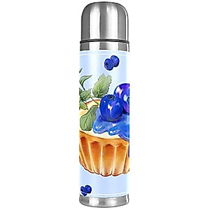 Stainless Steel Leather Vacuum Insulated Mug Blueberry Thermos Water Bottle for Hot and Cold Drinks Kids Adults 16 Oz