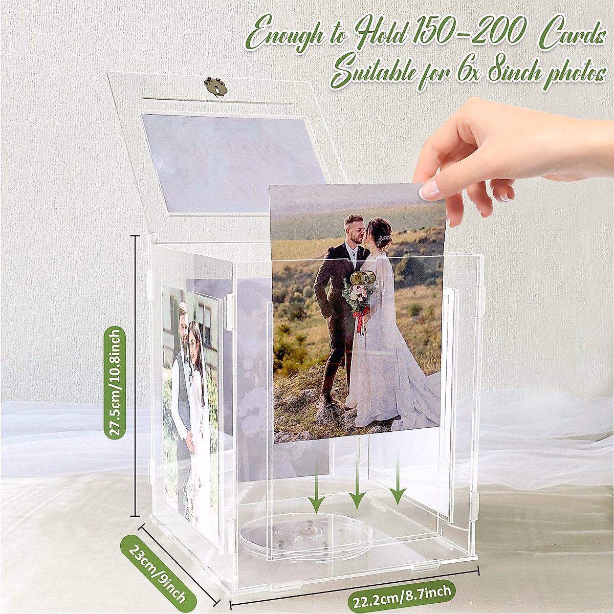 CYAOOI Acrylic Wedding Card Box with Picture Frame, Clear Gift Card Box for Wedding Reception, Large Rotatable Money Envelope Card Box Holder with Lock for Graduation Party Birthday Baby Shower