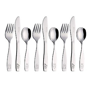 Exzact Children's Flatware Kids Silverware 9pcs/Toddler Utensils 3 x Forks, 3 x Safe Dinnerknives, 3 x Dinner Spoons - Dog Cat Bunny Engraved Design
