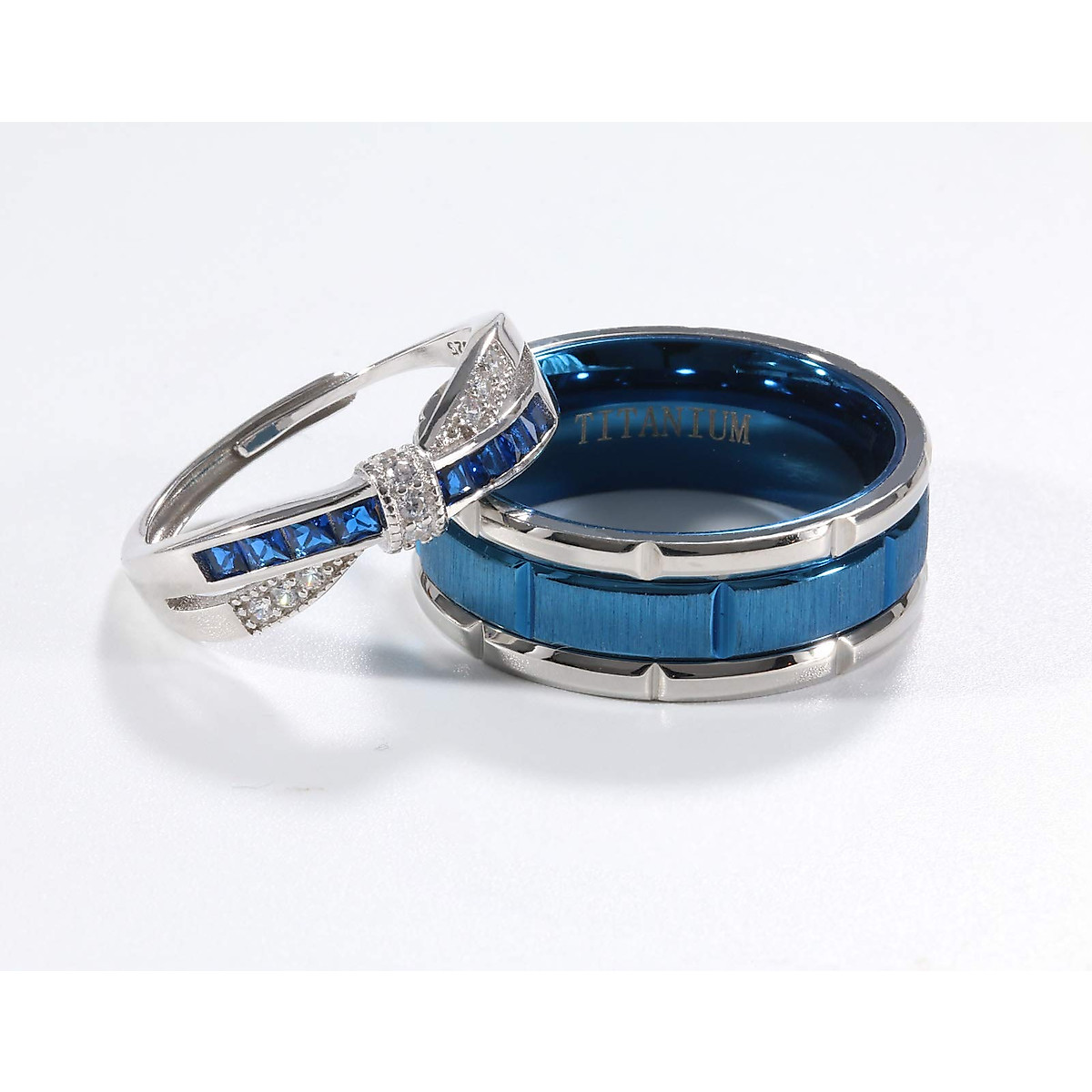 ringheart 2 Rings Couple Rings Bridal Sets Silver Ring Blue Cz Womens Wedding Ring Titanium Steel Man Wedding Bands