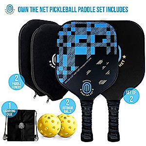 OWN THE NET Pickleball Paddles, USA-Based Brand, Premium Pickleball Paddle Set with Patented Carbon Fiber Graphite, Includes 2 Paddle Covers and 2 Outdoor Balls with Carry Bag (Sky Blue)