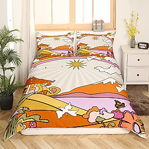 Hippie Cartoon Full Size Duvet Cover Set,70s Scenery Duvet Cover for Girls Teens Decorative Bedroom,Sun Mushroom Flowers Rainbow Polyester Quilt Cover with 2 Pillowcases