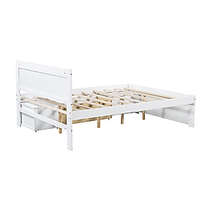 Linique Full Size Platform Bed with Drawer and Two Shelves,Full Bed Frame with Storage,Spring Box No Need,White