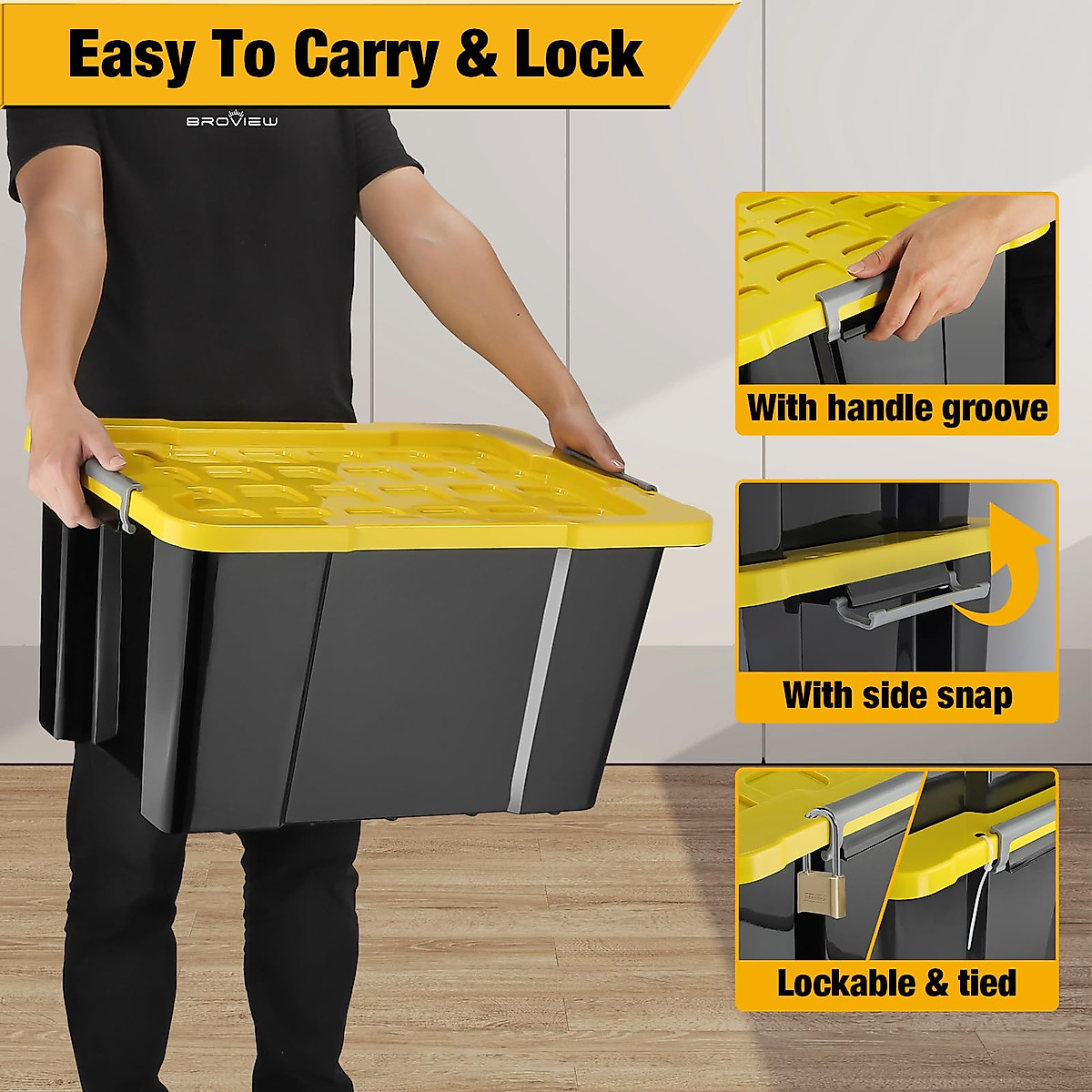 BROVIEW V12 16Gal Heavy Duty Storage Bins with Latching Lids, Stackable Plastic Tough Tote Containers with Handles for Tools Camping Hunting Sporting Goods Organizing (Black Base/Yellow Lid, 4Pack)