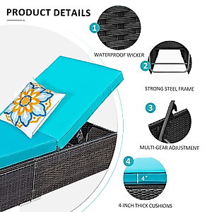 Outdoor PE Wicker Chaise Lounge, Patio Lounge Chair Adjustable Reclining Chair for Pool with Removable Cushion, Black and Blue