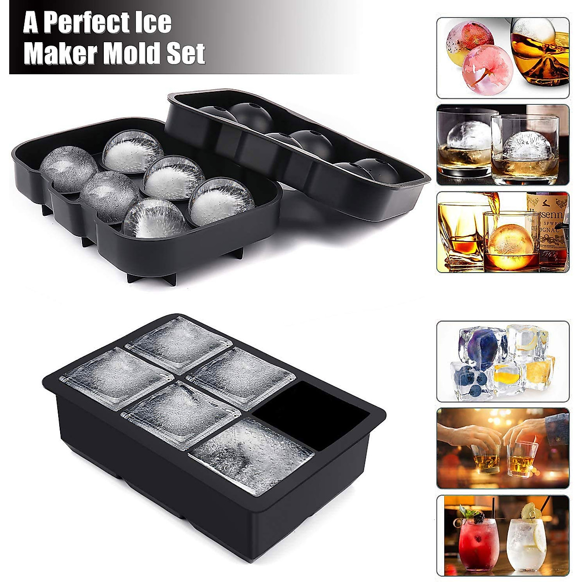 Ice Cube Trays Silicone Combo Mold - Set of 2, Sphere Ice Ball Maker with Lid & Large Square Molds, Reusable and BPA Free