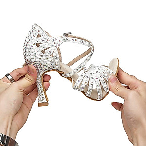 SWDZM Rhinestone Latin Dance Shoes for Women Ballroom Salsa Chacha Professional Performance Practice Dancing Shoes,YCL429-White-7.5,US 7