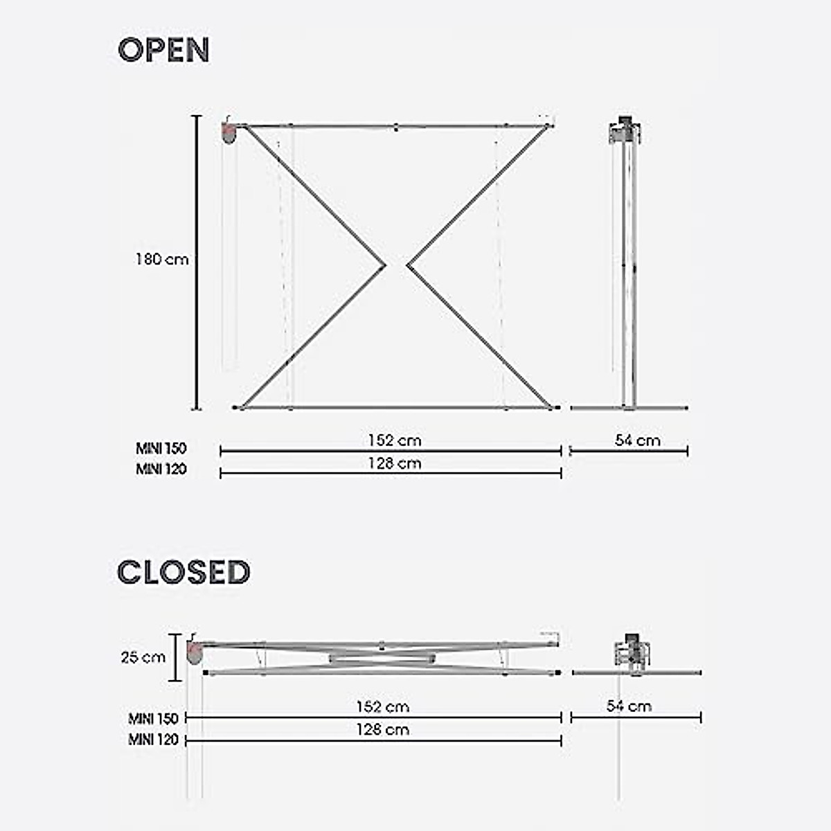 foxydry Mini, Ceiling Mounted Clothes Drying Rack, Pulley Clothesline, Vertical Folding Laundry Drying Rack (150 cm / 59.05 in, Grey)