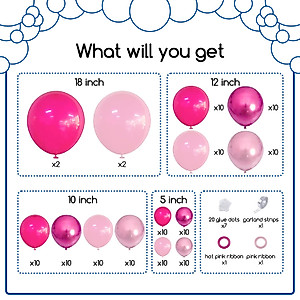 COKAOBE Pink Balloons Garlands Arch Kit, 124pcs Hot Pink Pastel Pink Metallic Magenta Latex Balloons for Wedding Engagement Princess Theme Birthday Bridal Shower Baby Shower Party Decorations