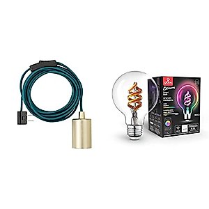 Globe Electric 69997 Emile 1-Light Plug-in Exposed Pendant with 15-ft Teal Cloth Cord and Brass Socket + 35851 Wi-Fi Smart 7W (60W Equivalent) Multicolor Changing RGB Tunable White Clear LED,G25 Shape