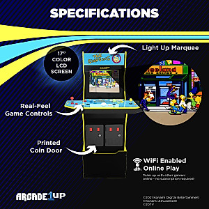 Arcade1Up The Simpsons Arcade Machine, 4-Foot — 4 Player Arcade Game Machine for Home, Live WiFi Enabled — Includes Custom Arcade Game Riser, Adjustable Stool, Light-Up Marquee, and Tin Wall Sign