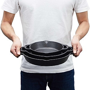 Sunnychicc 3 Pcs Cast Iron Skillets 8 Inch, 10 Inch, and 12 Inch Cast Iron Pan Set Black Pre Seasoned Wok Grilling Wok with Double Handles and Double Pouring Spout, Oven Safe