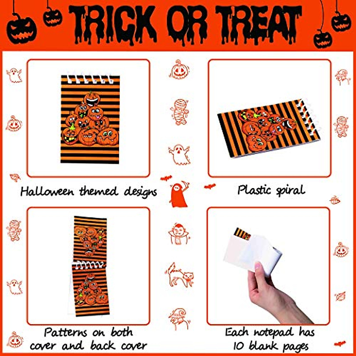 60PCS Halloween Notepads Party Favors for Kids - Spiral Notebooks Hallowmas Trick or Treat Goodie Bag Stuffers Filler Gifts Supplies Decorations, 10 Styles