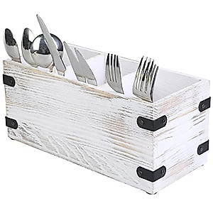 MyGift Whitewashed Solid Wood Flatware and Utensil Holder with Metal Corner Accents with 3 Compartments and Cursive UTENSILS Design