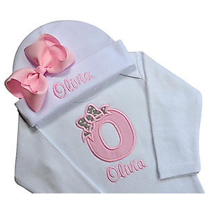 Baby Girl Embroidered INITIAL Bodysuit and MATCHING Beanie HAT Gift SET with Your Custom Name (PINK & GRAY DOT) (0-3 MONTHS)