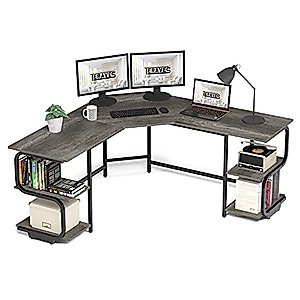 Teraves Modern L Shaped Desk with Shelves,64.84" Computer Desk/Gaming Desk for Home Office,Corner Desk with Large Desktop (Black Oak+Black Frame, Large+4 Tier Shelves)