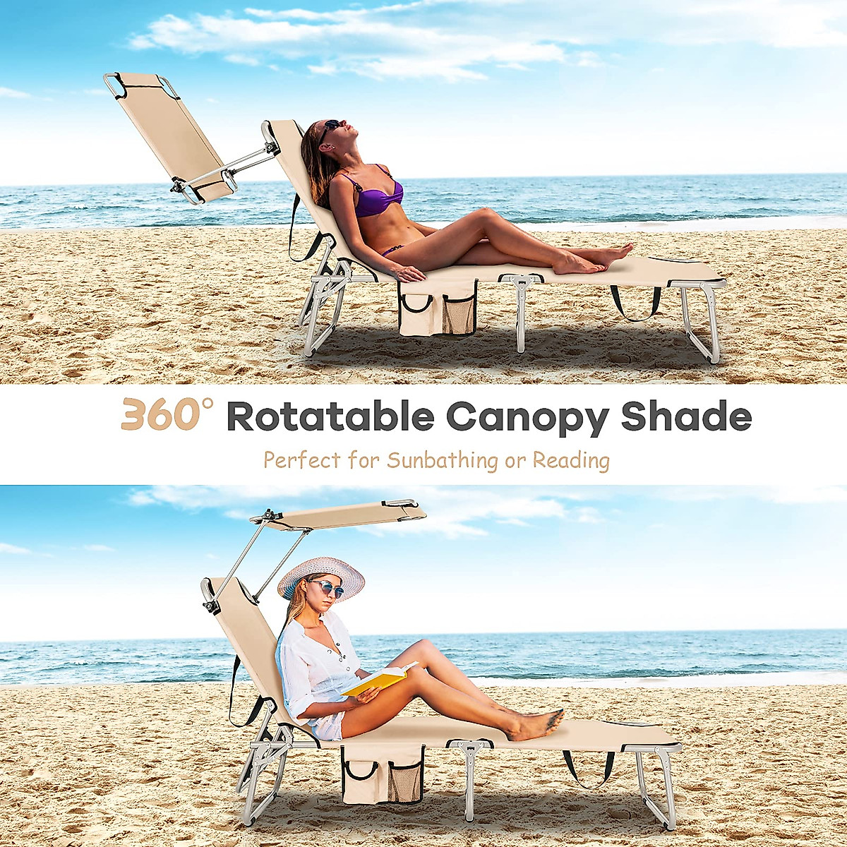 GYMAX Beach Chair with Canopy Shade, Folding Tanning Lounge with Adjustable Backrest, Carry Handle & Side Pocket, Sunbathing Chair for Outside, Patio, Poolside, Lawn (1, Beige)