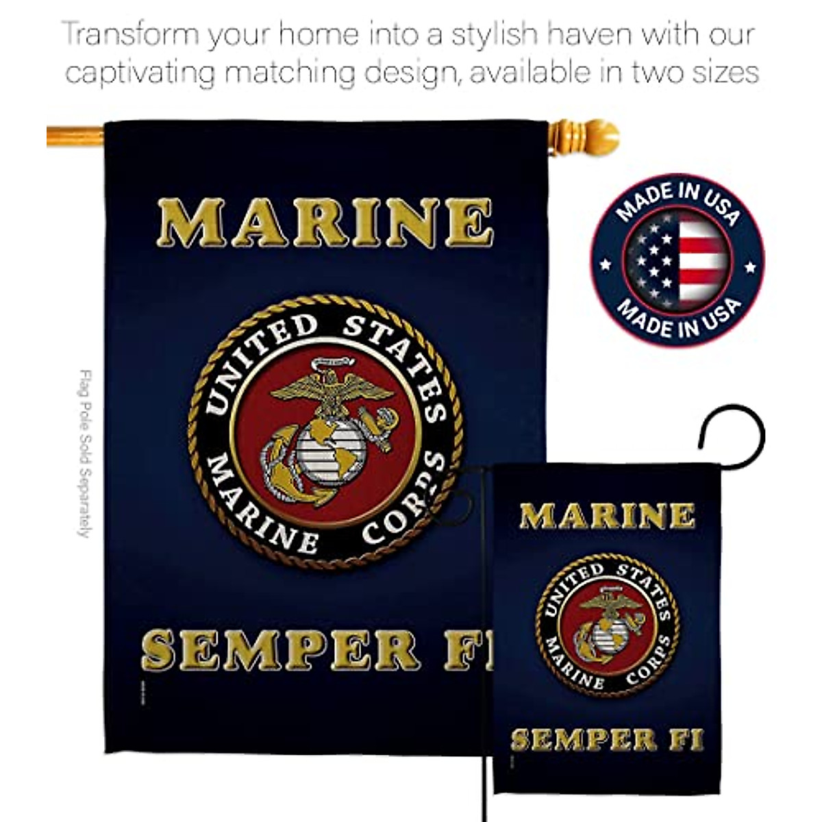 US MILITARY United State Marine Corps USMC Semper Double-Sided Lawn Decoration Gift House Garden Yard Banner Fi Flag American Military Veteran, 12" x 18.5 Made in USA