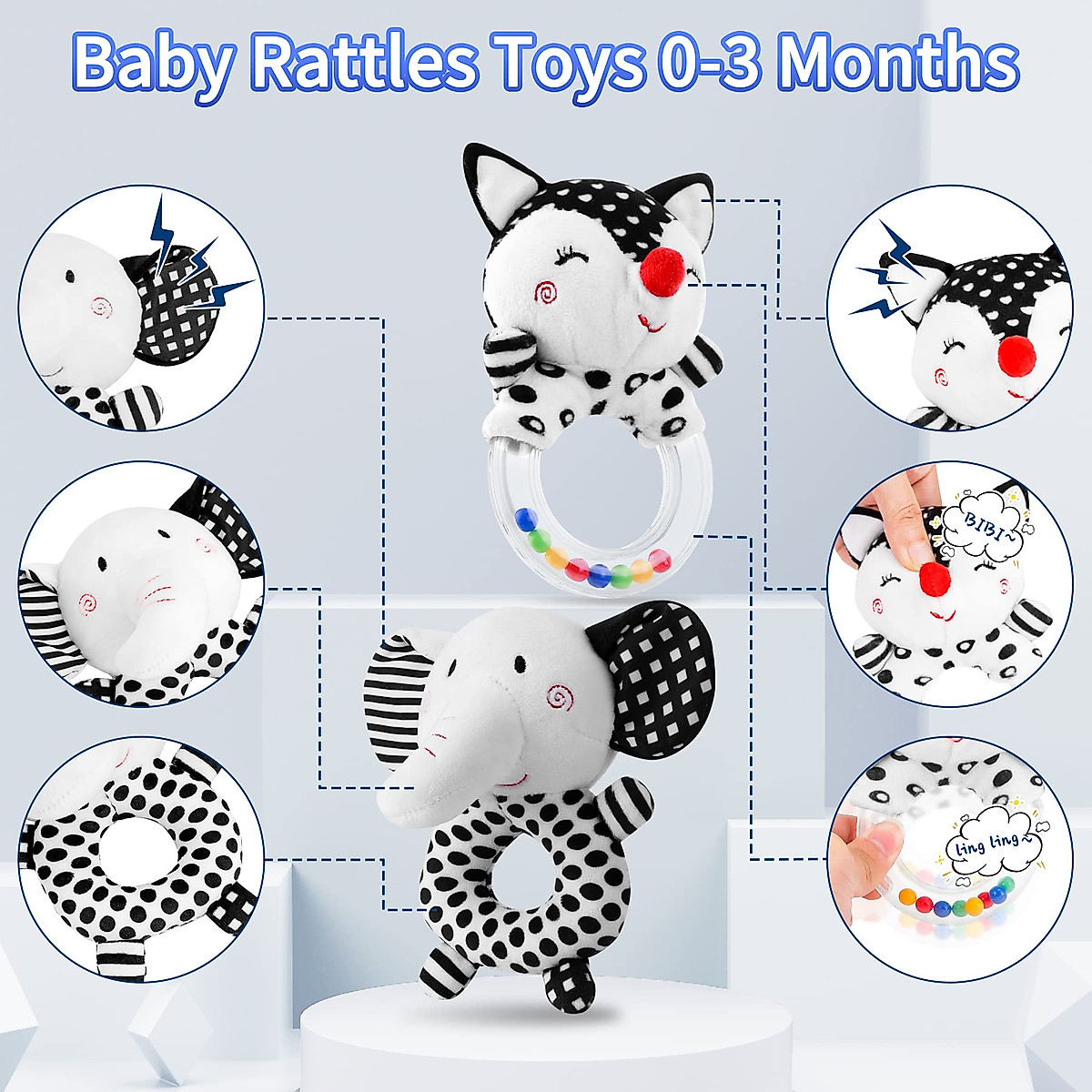 FPVERA Baby Rattles 0-6 Months: Soft Rattles for Babies 0-6 Months Newborn Sensory Toys, High Contrast Black and White Baby Toys 0-3 Months Plush Rattle Toy for Infant Boys Girls Shower Gift, 2PCS