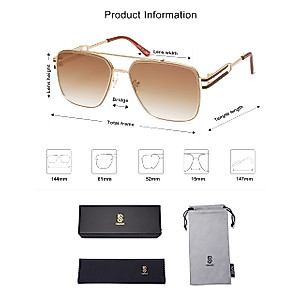 SOJOS Retro Square Metal Frame Unisex Sunglasses with Gold Frame and Brown Lens