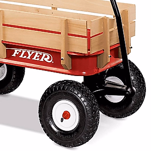 Radio Flyer Full Size All Terrain Classic Steel Pull Along Wagon with Foldable Handle and Wooden Stake Sides for Kids and Cargo, Red