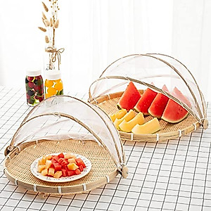 BAUHUS Round Bamboo Serving Food Tent Basket Picnic Basket Fruit Basket with net Cover Insect Proof, S