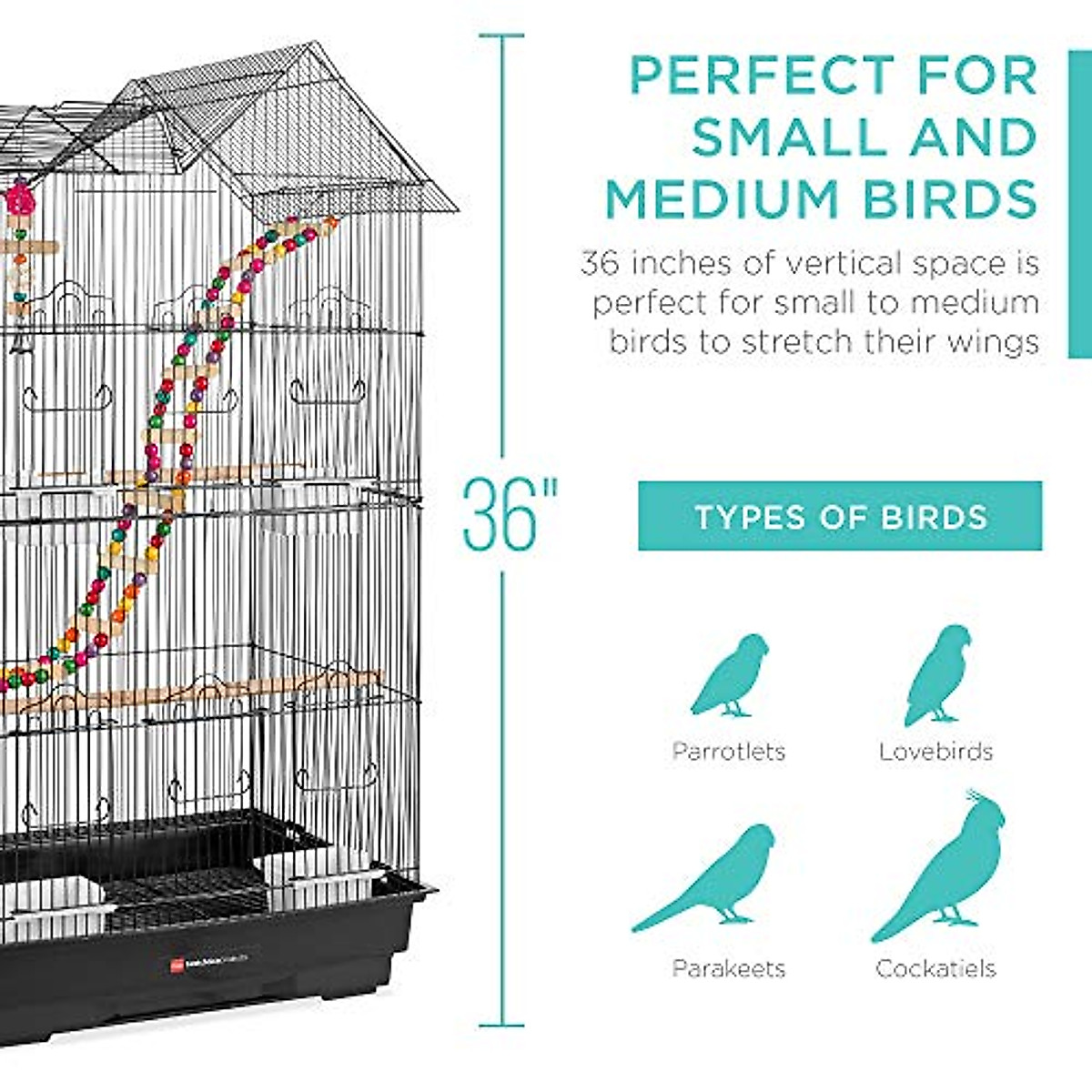 Best Choice Products 36in Indoor/Outdoor Iron Bird Cage for Medium Small Birds, Parrot, Lovebird, Finch, Parakeets, Cockatiel Enclosure w/Removable Tray, 4 Feeders, 2 Toys