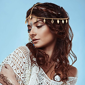 WILLBOND 8 Pieces Gold Head Chain Jewelry Halloween Boho Headband Coins Pearl Tassel Chain Hair Band Festival Prom Wedding Headpiece for Women(Cute Style)