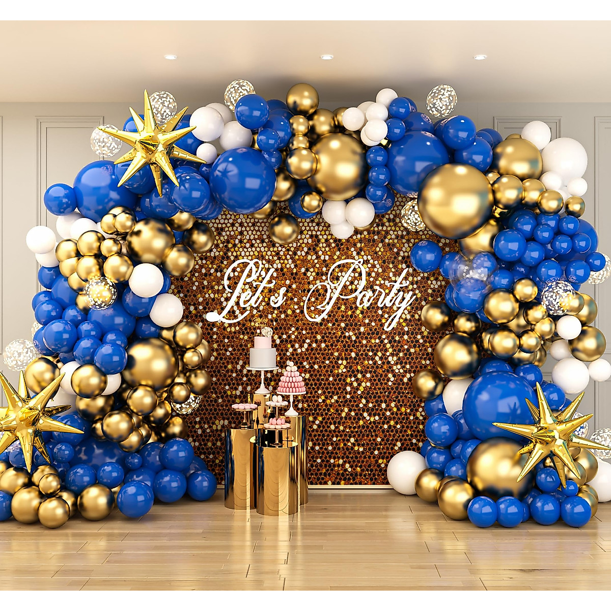 PARTYNOW 144Pcs Royal Blue and Gold Balloons Garland Arch Kit with Explosion Star Balloons 5/10/12/18in Blue White Gold Balloons for 2024 Graduation New Year Wedding Birthday Party Decorations