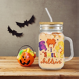 Whaline Halloween Mason Jar Mug with Handle 18oz Hocus Pocus Mason Jar Drinking Glasses Halloween Witch Ice Coffee Cups Glass Mugs Tumbler with Lid and Straw for Iced Coffee Tea Soda Cocktail Gifts