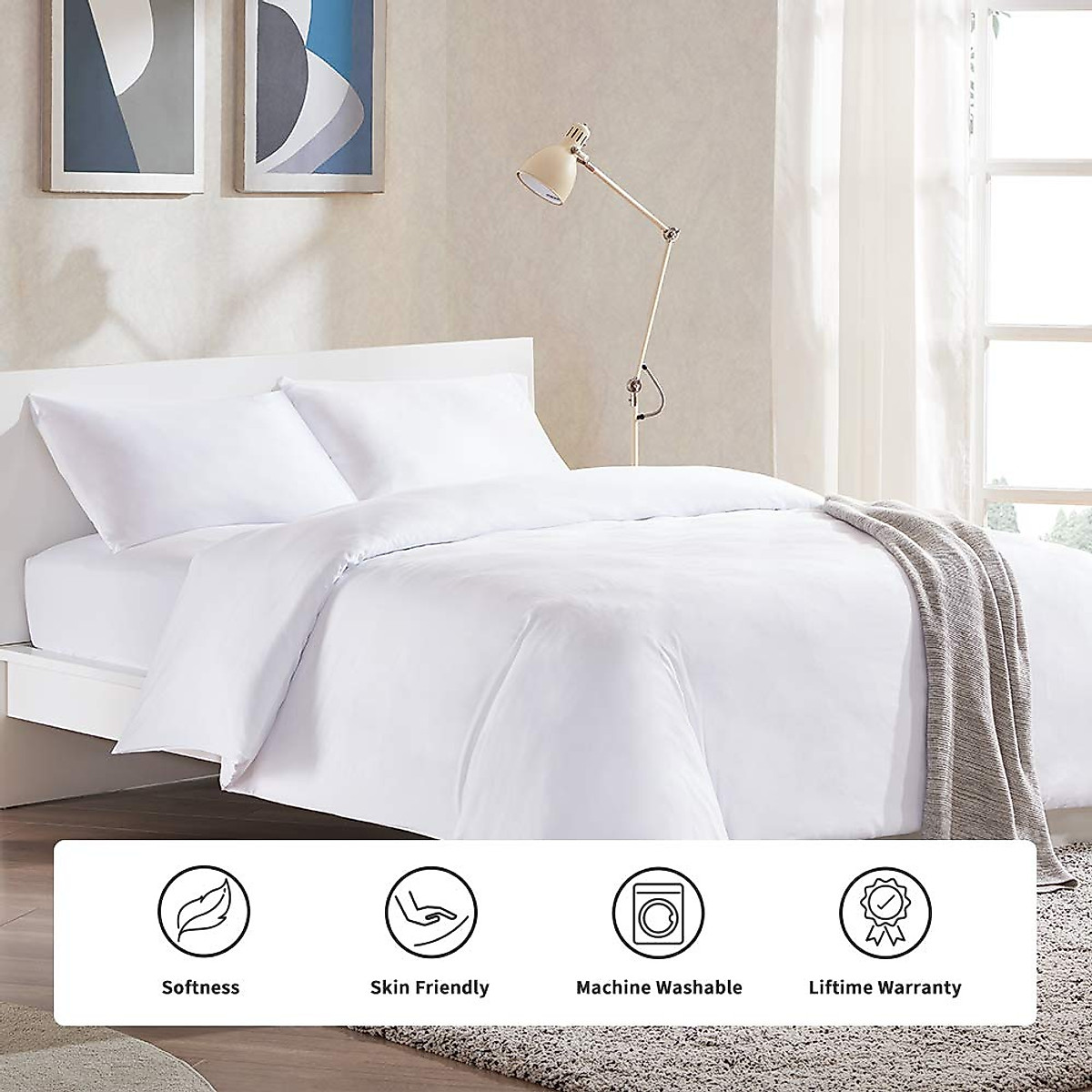 SLEEP ZONE Queen Size Duvet Cover Cooling NANOTEX Tech with Zipper Closure & 8 Corner Ties - Super Soft & Breathable All Season Comforter Cover Set 3 Pieces (White, Queen)