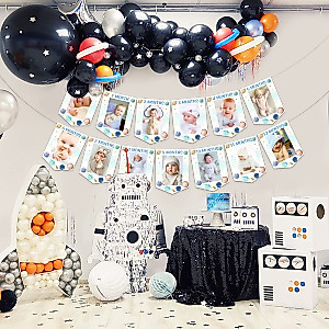 Fangleland Outer Space Theme 1st Birthday Photo Banner, First Trip Around The Sun Birthday Decoration - Blue Baby Picture Banner for Newborn to 12 Months’ Boy