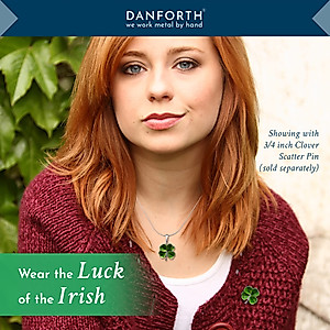 DANFORTH Four Leaf Clover/Shamrock Green Necklace, Handcast Pewter Pendant, 18 Inch Sterling Chain, Made In USA