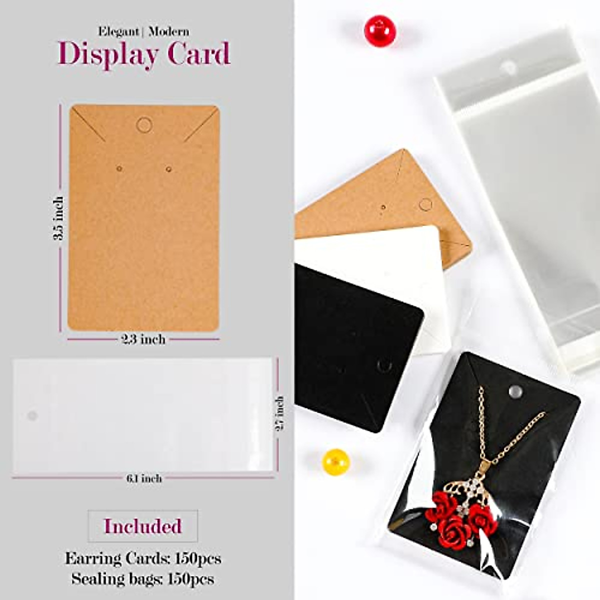 KLEANSE 3.5 x 2.3 inches Earring Cards for Selling - 150 Pack of Earring Display Cards with Self 150 Sealing Bags - Earring Packaging Supplies for Small Business - Necklace Cards, Jewelry Cards (Multi Color)